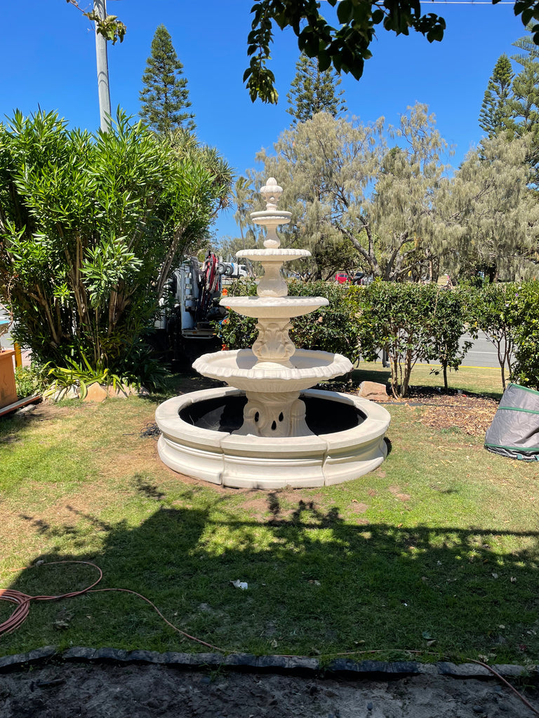 4 tier Italian fountain with traditional acorn and traditional pond su ...