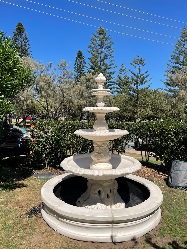 4 tier Italian fountain with traditional acorn and traditional pond su ...